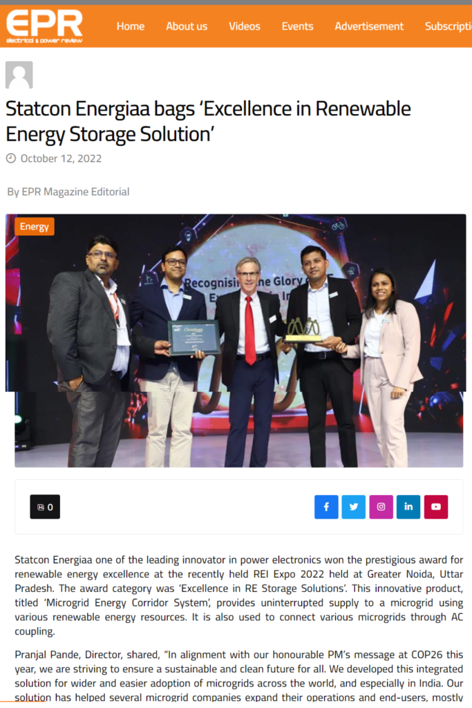 Statcon Energiaa bags ‘RE Storage Solution’ Award at REI Expo | Statcon Energiaa