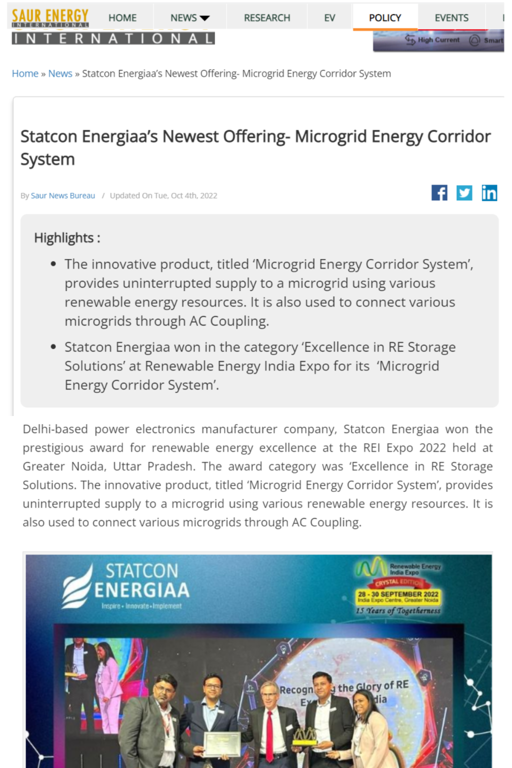 Statcon Energiaa bags ‘RE Storage Solution’ Award at REI Expo | Statcon Energiaa